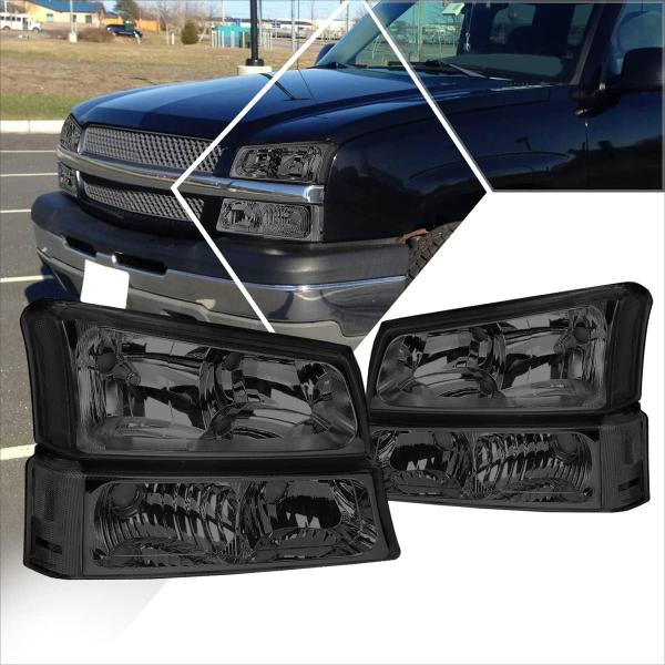 商品名PM PERFORMOTOR [4Pcs-Set] Bumper Lamps+Headlights Assembly Compatible with Chevy Silverado  Avalanche 03-06,Smoked Le...