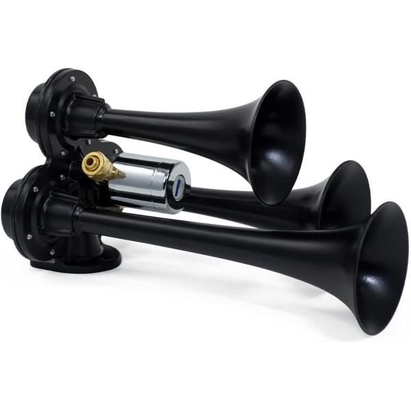 商品名Hornblasters ステルスブラックキャブース エアホーンのみ - トランペット3個 - ユニークなトーンHornblasters Stealth Black Caboose 12/24 Volt Air Horn Only -...