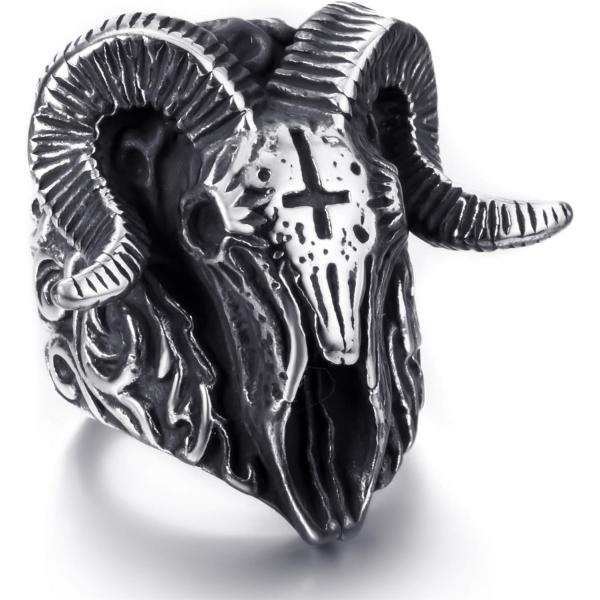 商品名ELFASIO Satanic Baphomet Skull Rings for Men Inverted Cross Goat Satan Demon Devil Stainless Steel Ring Biker Punk Go...