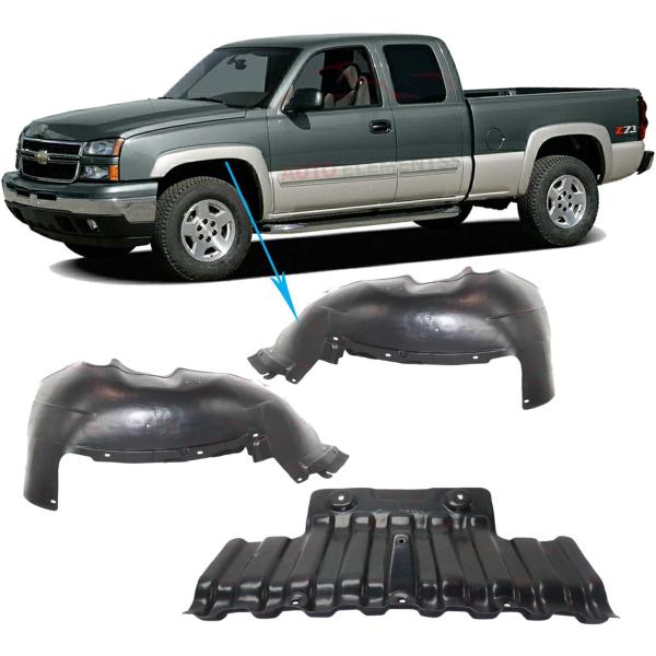 商品名New Splash Shield Engine Under Cover + Wheelhouse Inner Fender Liners Left+ Right Side for 1999-2006 Chevrolet Silver...