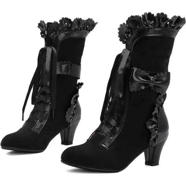 商品名AbbyAnne レディース スイートボウブーツ ミッドヒール レースアップ ビクトリア朝ブーツ ミッドカーフ カワイイブーツ, ブラック, 10LanreyTaley Women Sweet Bow Boots Mid Heels ...