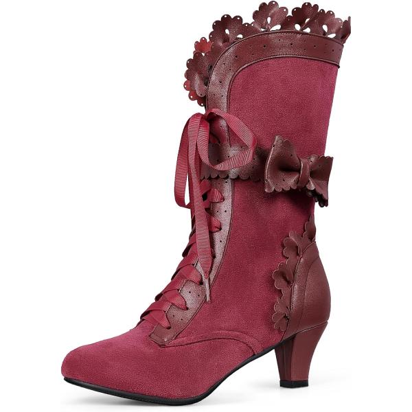 商品名AbbyAnne レディース スイートボウブーツ ミッドヒール レースアップ ビクトリア朝ブーツ ミッドカーフ カワイイブーツ, クラレット, 9LanreyTaley Women Sweet Bow Boots Mid Heels ...