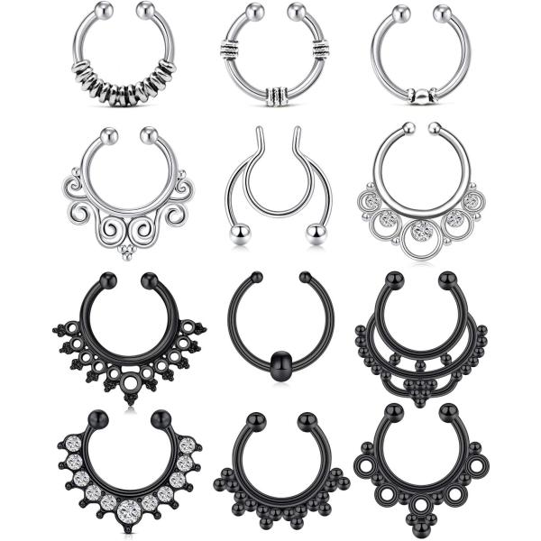 商品名QWALIT フェイクセプタムジュエリー フェイクセプタムリング フープフェイス セプタムフープ サージカルステンレススチール ノンピアス鼻リング メンズ レディース シルバー ブラック ローズゴールド レインボー 8mm 10mmQ...