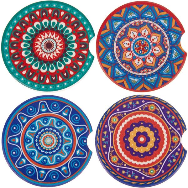 商品名4 Pack Car Cup Holder Coasters,2.56 inch Absorbent Mandala Ceramic Car Insert Coasters with Fingertip Grip for Easy R...