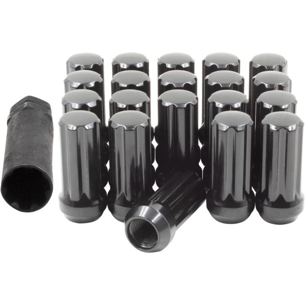 商品名ホイールアクセサリー部品 20個セット ブラック 長さ1.9インチ トラック 小径 クローズドエンドバルジ ドングリ 7スプラインラグナットキット (1/2 UNF クロム) ソケットキー1個付きWheel Accessories P...