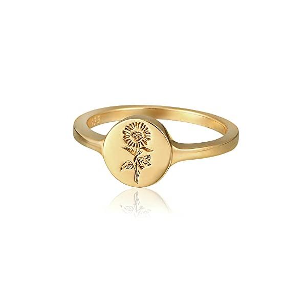 商品名: YeGieonr 18Kゴールドメッキ スターリングシルバーリング レディース ハンドメイド 刻印 ひまわり 花 印章リング ミニマリスト ステートメントリング 女性/女の子への繊細なジュエリーギフト, シルバー, 18K ゴール...