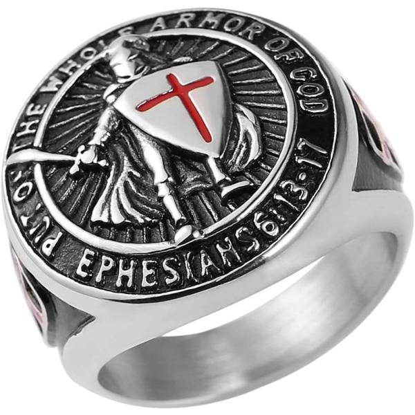 商品名HZMA Knights Templar Put On The Whole Armor of God エペソ人への手紙 6:13-17 レッドクロスデザイン メンズ ステンレススチールリング シルバーHZMAN Knights Tem...