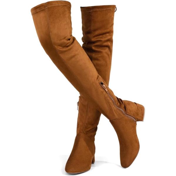 商品名Greatonu Women's Round Toe Thigh High Fashion Boots Stretchy Over The Knee Block Heel Tie Back Boots Camel-1.77 inchs...