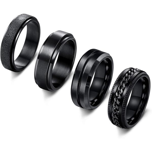 商品名Thunaraz 4ピース ブラック スピナーリング メンズ レディース クールチェーン インレーステンレススチール フィジェットリングセット 幅6~8mm ストレス解消 ファッション ウェディング プロミスリング リング リング リ...