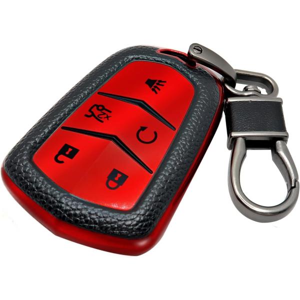 商品名CTRINEWS キャデラックキーチェーン レザーキーチェーン付き 先進的なソフトTPU表面 レザーグレインキーフォブカバー 2015-2019 キャデラック エスカレード CTS SRX XT5 ATS STS CT6(レッド)CT...