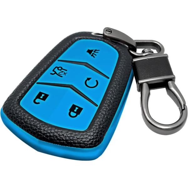 商品名CTRINEWS キャデラックキーフォブ レザーキーチェーン付き 先進的なソフトTPU表面 レザーグレインキーフォブホルダー 2015-2019 キャデラック エスカレード CTS SRX XT5 ATS STS CT6用 (ブルー)...