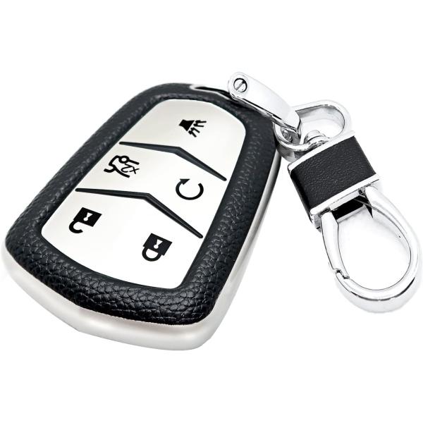 商品名CTRINEWS キャデラックキーフォブカバー レザーキーチェーン付き 高度なソフトTPU表面 レザーグレインキーフォブケース 2015-2019 キャデラック エスカレード CTS SRX XT5 ATS STS CT6用 (シルバ...