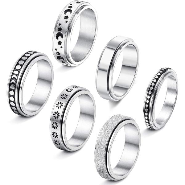 商品名FIBO STEEL 6Pcs Stainless Steel Spinner Ring for Women Fidget Band Rings Moon Star Sand Blast Finish Ring Set for Str...