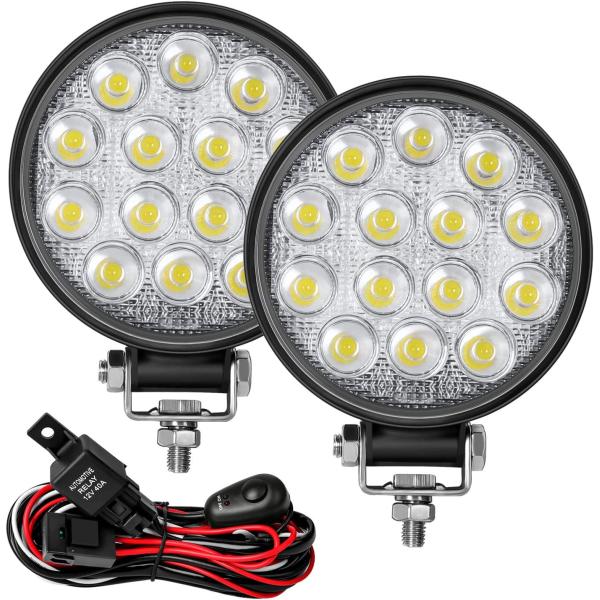 商品名Zmoon Led Round Light Bar 2PCS 4.5"" 140w 14000LM with Led Wring Harness(10ft /2 Lead), Flood Light Off Road Fog Driv...