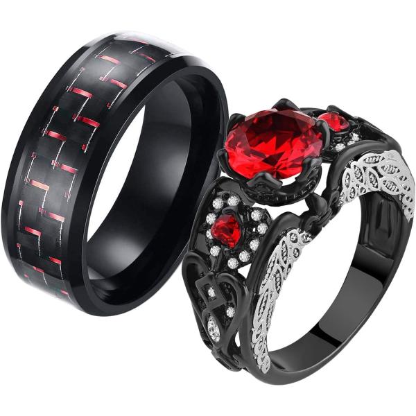 商品名Ringcrown 2 Rings Couple Rings Bridal Sets Black Rings Red Cz Womens Wedding Ring Wing Ring Titanium Steel Man Weddin...