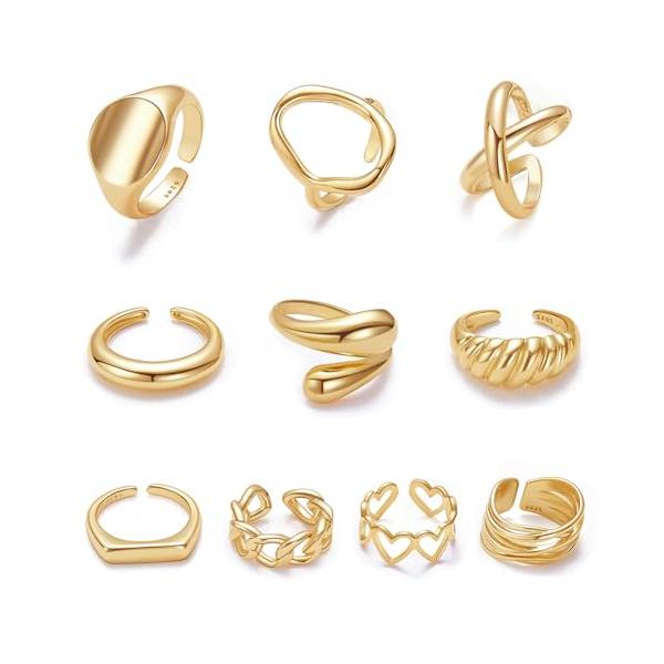 商品名: MOROYA レディース 10個 ゴールドドームチャンキーリング 18Kゴールドメッキ 編組ツイストラウンドシグネットリング 調節可能なオープンリングバンド ステートメントジュエリー サイズ79, 真鍮 ゴールド 真鍮。 MORO...