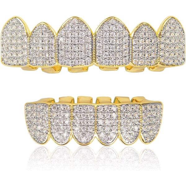 商品名Diamond Gold Grillz メンズ レディース ゴールドグリル 歯用 18Kゴールドメッキ グリルズ ヒップホップ トップボトムゴールド歯グリル 子供用 モールディングバー付き, 金属, キュービックジルコニアDiamon...