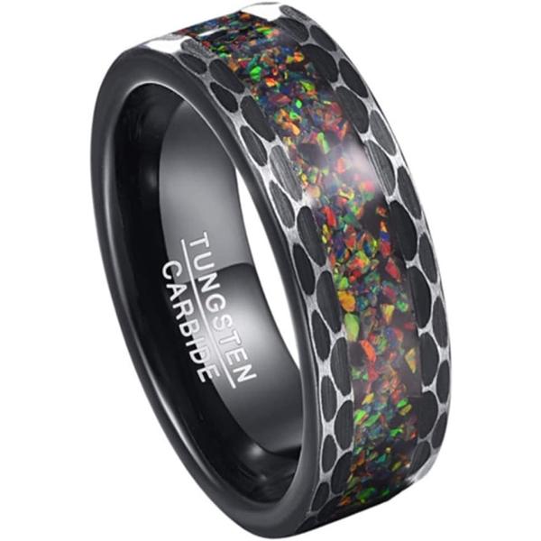 商品名Corato 8mm ブラックタングステン婚約指輪 メンズ クラッシュ人工オパールインレー つや消し仕上げ 結婚指輪 快適フィット サイズ7~12Corato 8mm Black Tungsten Rings for Men Crus...
