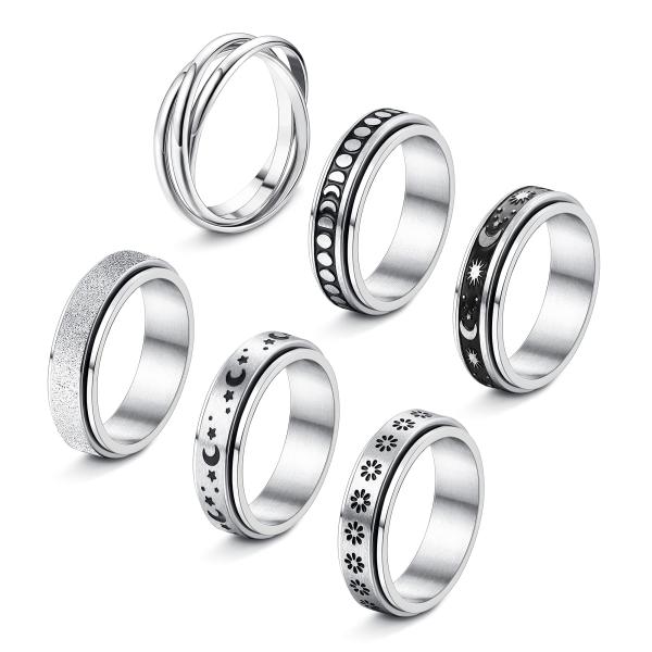 商品名:  Subiceto 6 Pcs Spinner Rings for Women Stainless Steel Fidget Band Rings Set Moon Star Flower Sand Blast Finish Wo...