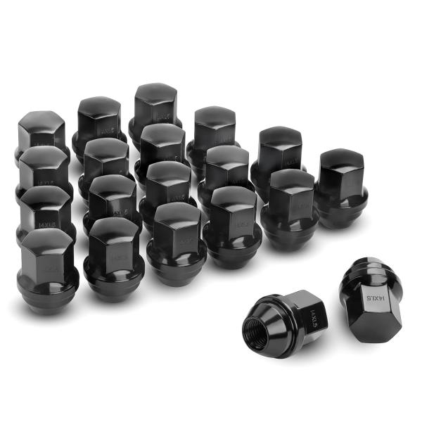 商品名Dynofit M14×1.5 OEM ラグナット Do-dge Bui-ck Cadi-llac Chry-sler TES-la 20 x ブラックナット 六角形 高さ7/8インチ 1.5インチ 円錐形円錐バルジシートDynofi...