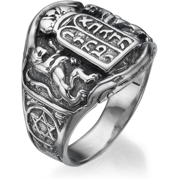商品名Handmade 925 Sterling Silver Ten Commandments and Regal Lions Jewish Ring for Men with Hebrew Letters and Star of Dav...
