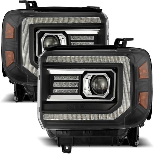 商品名AlphaRex luxx-シリーズ ブラック 14-18 GMC Sierra 1500/15-18 Sierra 2500HD/3500HD LED DRL チューブプロジェクターヘッドライト アクティベーションライト付きAlph...