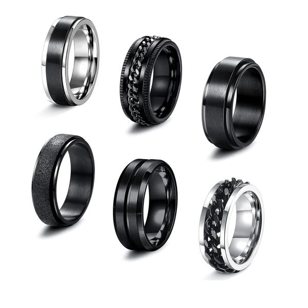 商品名: SAILIMUE 6個 6/8mm ブラック スピナーリング メンズ レディース ステンレススチール フィジェット リング 不安 ストレス解消 クールチェーン ファッションリングセット ウェディングプロミスバンドリング サイズ7-...