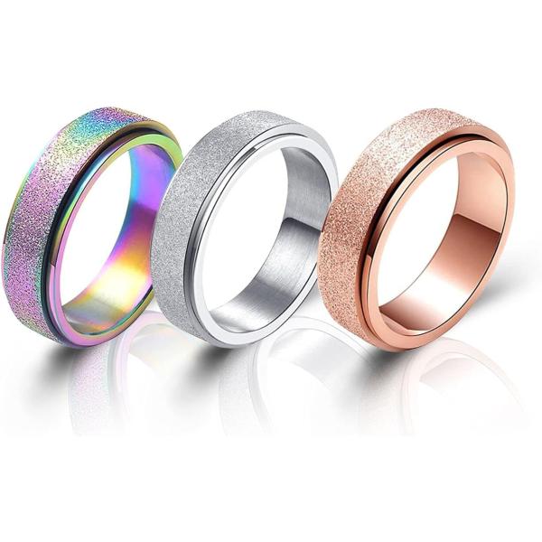 商品名3Pcs Spinner Ring for Women Anxiety Relief - 6MM Stainless Steel Sand Blast Glitter Finish Rose Gold Silver Rainbow C...