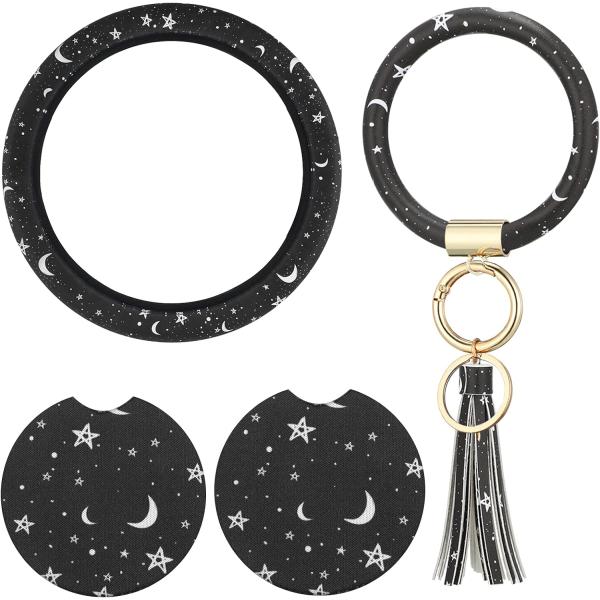 商品名4 Pieces Black Moons White Stars Print Car Accessories Set Black Moons White Stars Steering Wheel Cover with 2 Pieces...