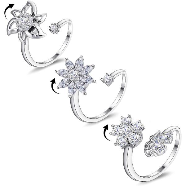 商品名3 Pcs Flowers Fidgets Spinner Rings for Women Rotatable Cubic Zirconia Adjustable Open Rings Relieving Anxiety Stress...