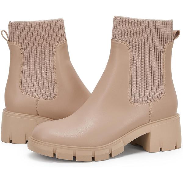 商品名Ruanyu Womens Lug Sole Platform Ankle Boots Elastic Chunky Block Heel Non-Slip Combat Comfortable Chelsea Bootiesブランド...