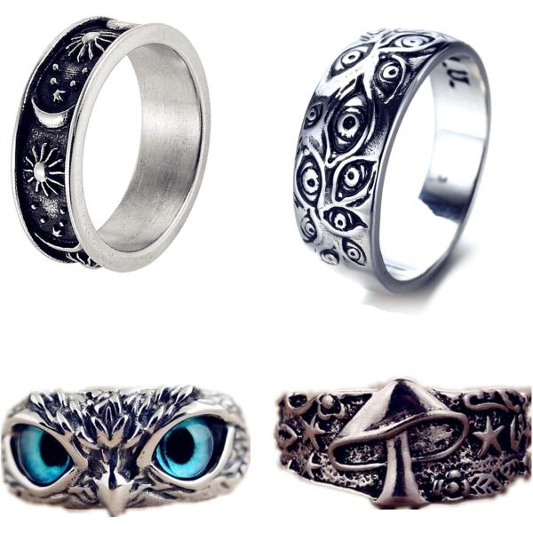 商品名XHBTS フクロウアイリング/イーブルアイリング/マッシュルームスターフラワーミスティックリング/ムーンスターサンステートメントリング かわいいアニマルオープンリングパック 男女兼用 4個XHBTS 4 Pcs Owl Eye Ri...