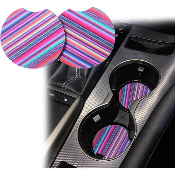 商品名JUSTTOP 車用カップホルダーコースター ネオプレン 車用コースター ドリンク吸収用 ユニバーサルオート吸水カップホルダーインサートコースター 2個 取り外し簡単 かわいい自動車インテリアアクセサリー カラフルなストライプJUST...