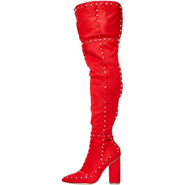 商品名Goolita Women's Suede Chunky Heel Over Knee Boots Rivet Pointed Toe Back Zipper Thigh High Boots Keep Warm Long Boots...