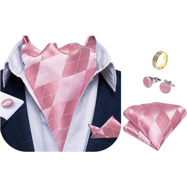 商品名DiBanGu Pink Plaid Mens Cravat Tie Woven Jacquard Ascot Ties Pocket Square Cufflinks Set with Tie Ring Wedding Promブラ...