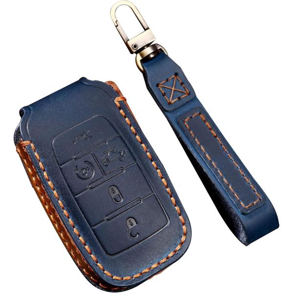 商品名ontto レザーキーフォブカバー キーチェーン付き ダッジ・ラム 1500 2019 2020 2021用 車のキープロテクター リモートキーシェル 5ボタン ブルーontto Leather Key Fob Cover with ...