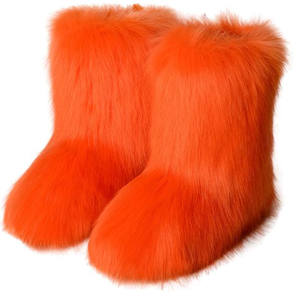 商品名LVCOMEFF Women Faux Fur Boot with Fur Lining Plus Size Outdoor Furry Fluffy 2021 Flat Shoes Fuzzy Snow Boot (orange, ...
