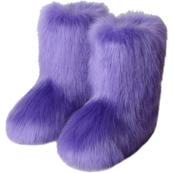 商品名LVCOMEFF Women Faux Fur Boot with Fur Lining Plus Size Outdoor Furry Fluffy 2021 Flat Shoes Fuzzy Snow Boot (light pu...
