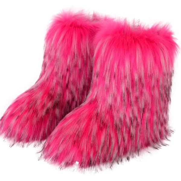 商品名LVCOMEFF Women Faux Fur Boot Outdoor with Fur Lining Plus Size Furry Fluffy 2021 Flat Shoes Fuzzy Snow Boot (hot pink...