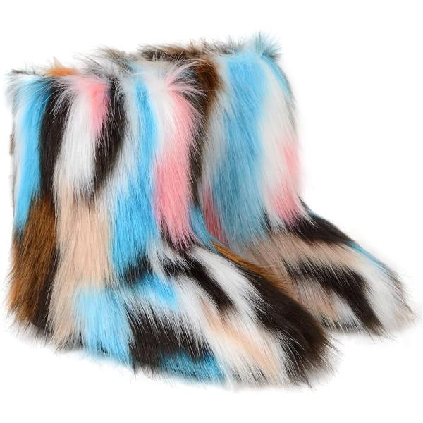 商品名LVCOMEFF Women Faux Fur Boot Outdoor with Fur Lining Plus Size Furry Fluffy 2021 Flat Shoes Fuzzy Snow Boot (multicol...