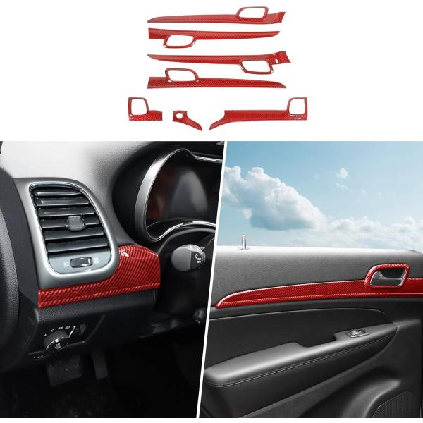商品名Hoolcar ダッシュボードセンターコンソールパネルトリムキット&amp;インテリアドアハンドルカバーキット 2011-2021 Jeep Grand Cherokee用 レッドカーボンファイバーHoolcar Dashboard ...