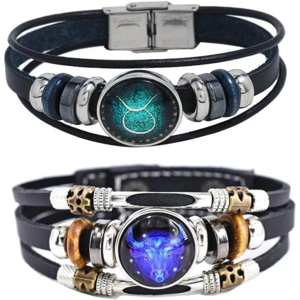 商品名2個 多層星座 レザーブレスレット ハンドメイド 編み星座 ラップ ブレスレット リストバンド レディース メンズ ジュエリー 誕生日ギフト, レザー, ラインストーン,Zodiac Taurus Constellation Brac...