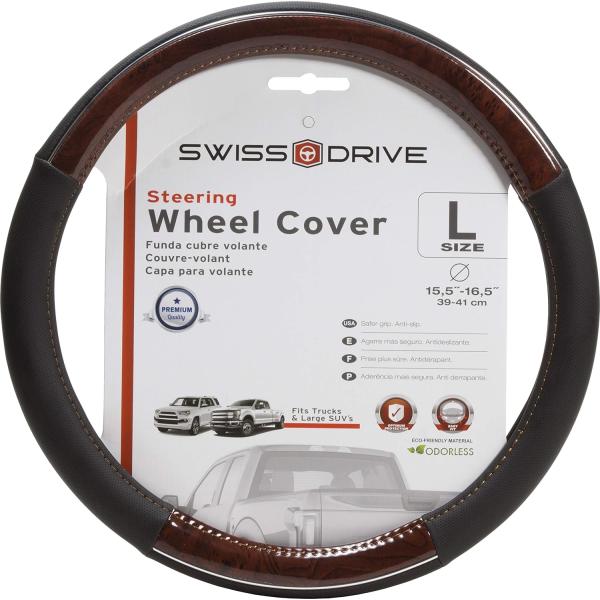 商品名Swiss Drive ステアリングウッドグレインホイールカバー   プレミアム   無臭 惑星に優しいホイールカバー 滑り止めテクスチャ   安全グリップハンドルカバー 車とSUV用   Lサイズ (15.5~16.5インチ) (ベ...