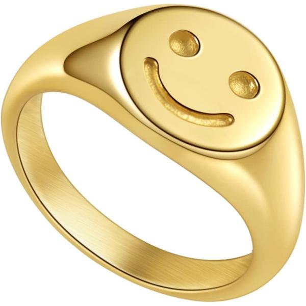 商品名ゴールドスマイリー|Frown Face/North Star リング ソリッドステンレススチール シンプルシグネットバンドリング 普段使いジュエリー, キュービックジルコニア,Smile Face Ring Gold Solid S...