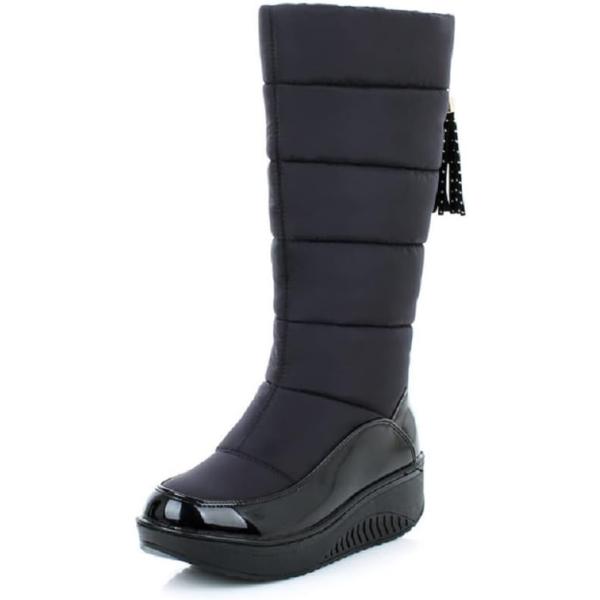 商品名Patent Leather + Down Fashion Round Toe Flat with Slip-On Mid Heel with 5 cm Easy Walking Knee-High Winter Snow Boots...