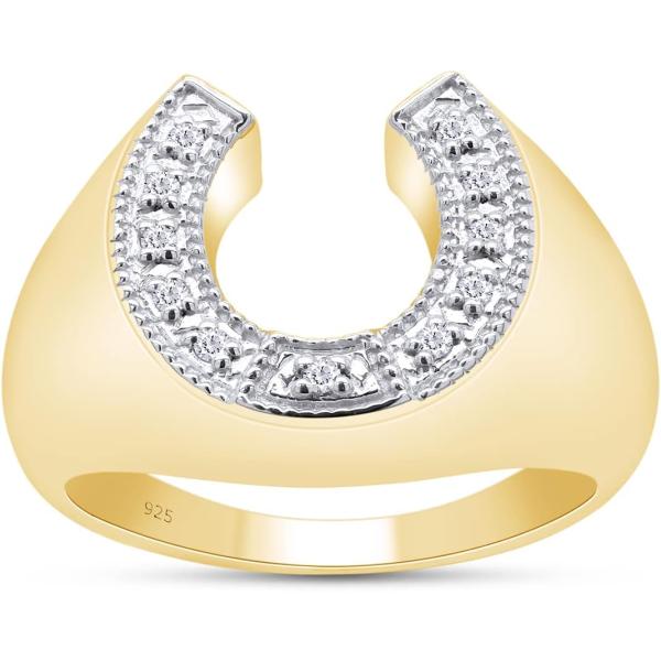 商品名SAVEARTH DIAMONDS 1/10カラット ラウンドカット 人工モアッサナイト ダイヤモンド 馬蹄 ステートメントリング 14Kゴールドメッキ 925スターリングシルバー ジュエリー 男性用 (G-Hカラー、0.10 Ctt...