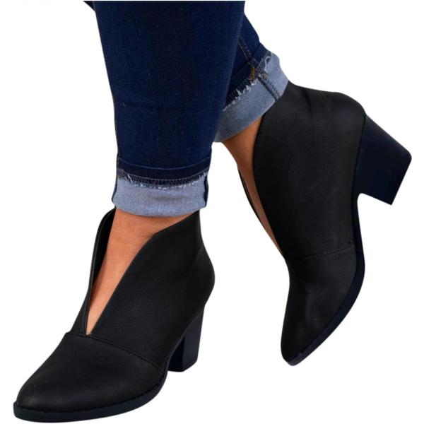 商品名Hbeylia Dress Boots For Women Ladies Fashion Slouchy Leopard Design Solid Color Leather Deep V Cut Round Toe Chunky B...