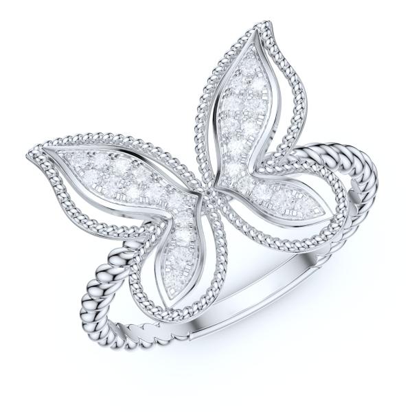 商品名: 本物の14Kホワイトゴールド ツイストロープシャンク ラウンドブリリアント模造ダイヤモンド ミルグレイン バタフライリング 女性用, 貴金属 金 14K ホワイトゴールド, 合成ダイヤモンド, PRSTANI Real 14k W...