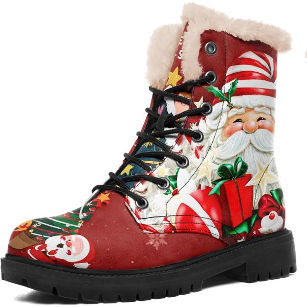 商品名coolcustomize Winter Boots for Women, Custom Christmas Boots Santa Claus Print Ladies Fur Lined Lace up Ankle Boots C...