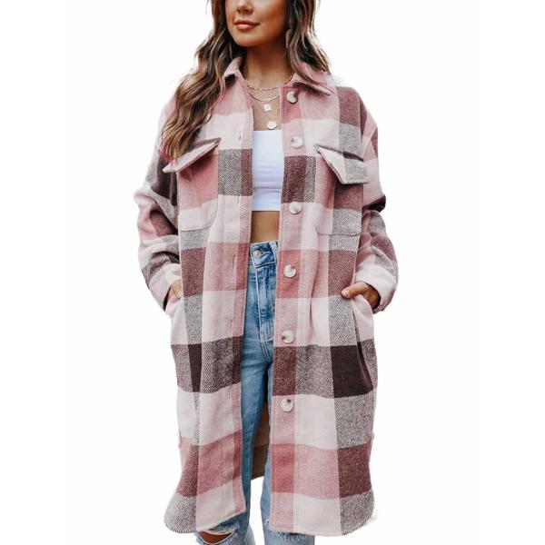 商品名:  UANEO Womens Plaid Shacket Jacket Long Fall Flannel Button Down Wool Blend Coat(Pink-XXL)ブランド: UANEO商品サイズ: XX-Larg...